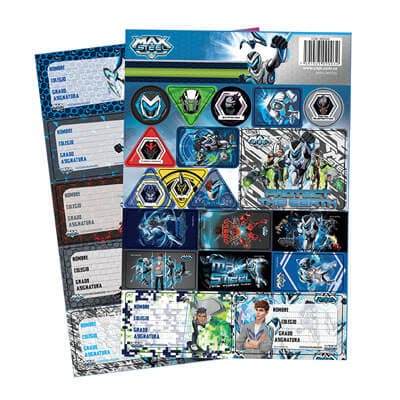 12 ETIQUETAS ESCOLARES + STICKERS MAX STEEL