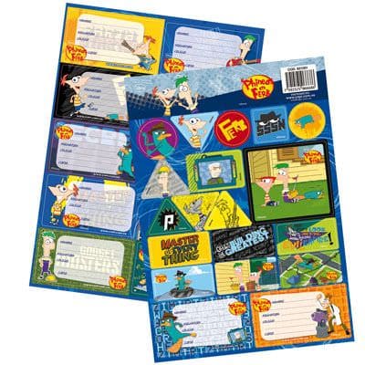 12 ETIQUETAS ESCOLARES + STICKERS PHINEAS & FERB