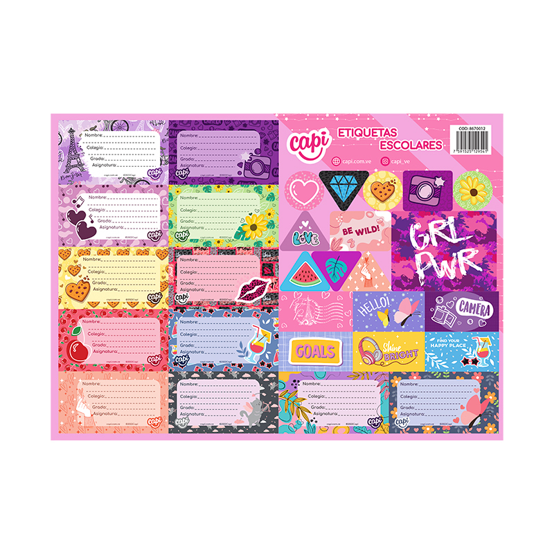 ETIQUETAS ESCOLARES + STICKERS CAPI SURTIDAS
