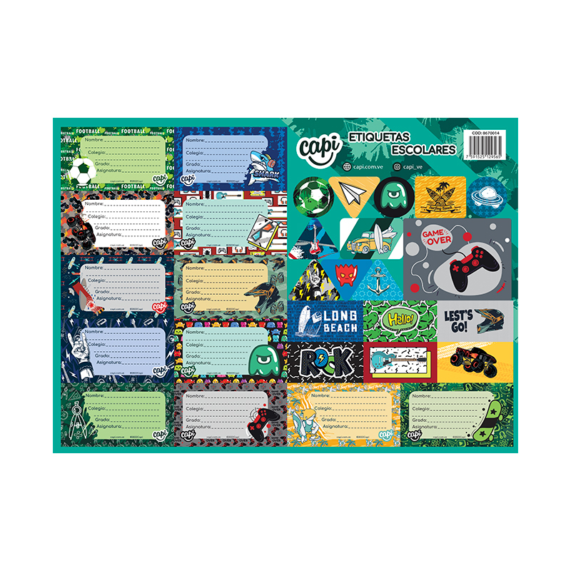 ETIQUETAS ESCOLARES + STICKERS CAPI SURTIDAS