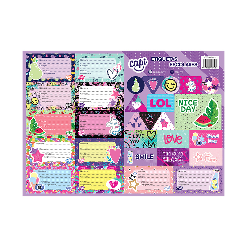 ETIQUETAS ESCOLARES + STICKERS CAPI SURTIDAS